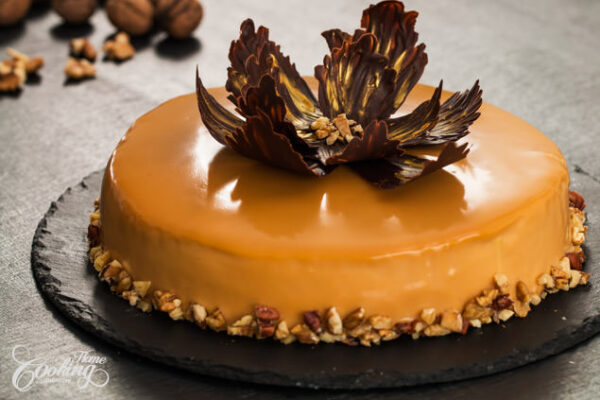 Walnut Caramel Mirror Cake with Caramel Mirror Glaze